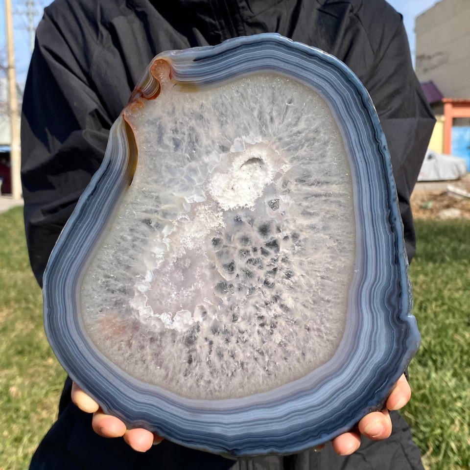 2.6LB Natural agate striped slice quartz crystal hand-cut raw mineral ...