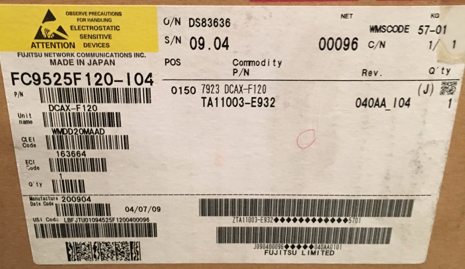 NEW Fujitsu FLASHWAVE 7500 Low Loss DCM -1200 ps/nm@C-Band Chromatic ...