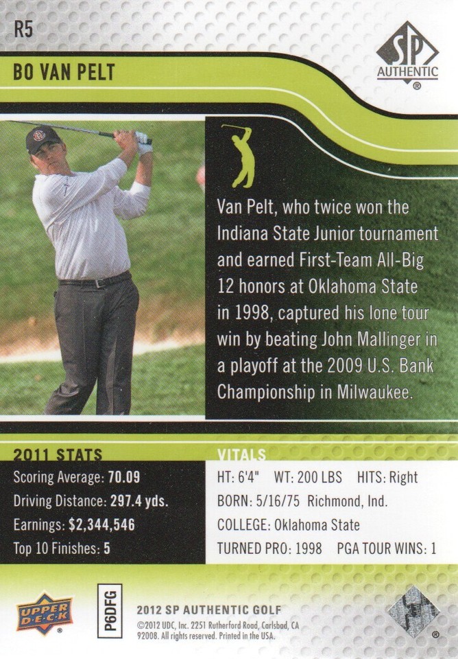 2012 SP Authentic Rookie Extended Golf Card #R5 Bo Van Pelt | eBay