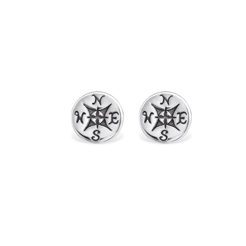 925 Sterling Silver Compass Round Disc Coin Girl Women Stud Earrings ...