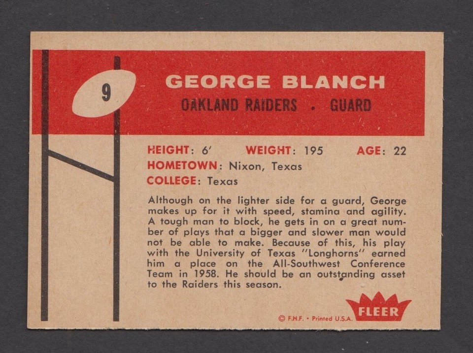 1960 Fleer Football #9 George Blanch Oakland Raiders NR MT | eBay