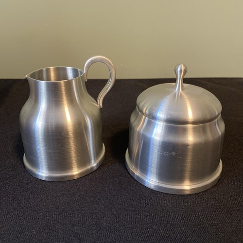Vintage Signed Fred Danforth Pewter Small Covered Sugar Bowl & Creamer ...