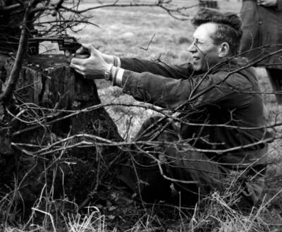 A policeman behind a bush practices shooting United Kingdom 1968 Old ...