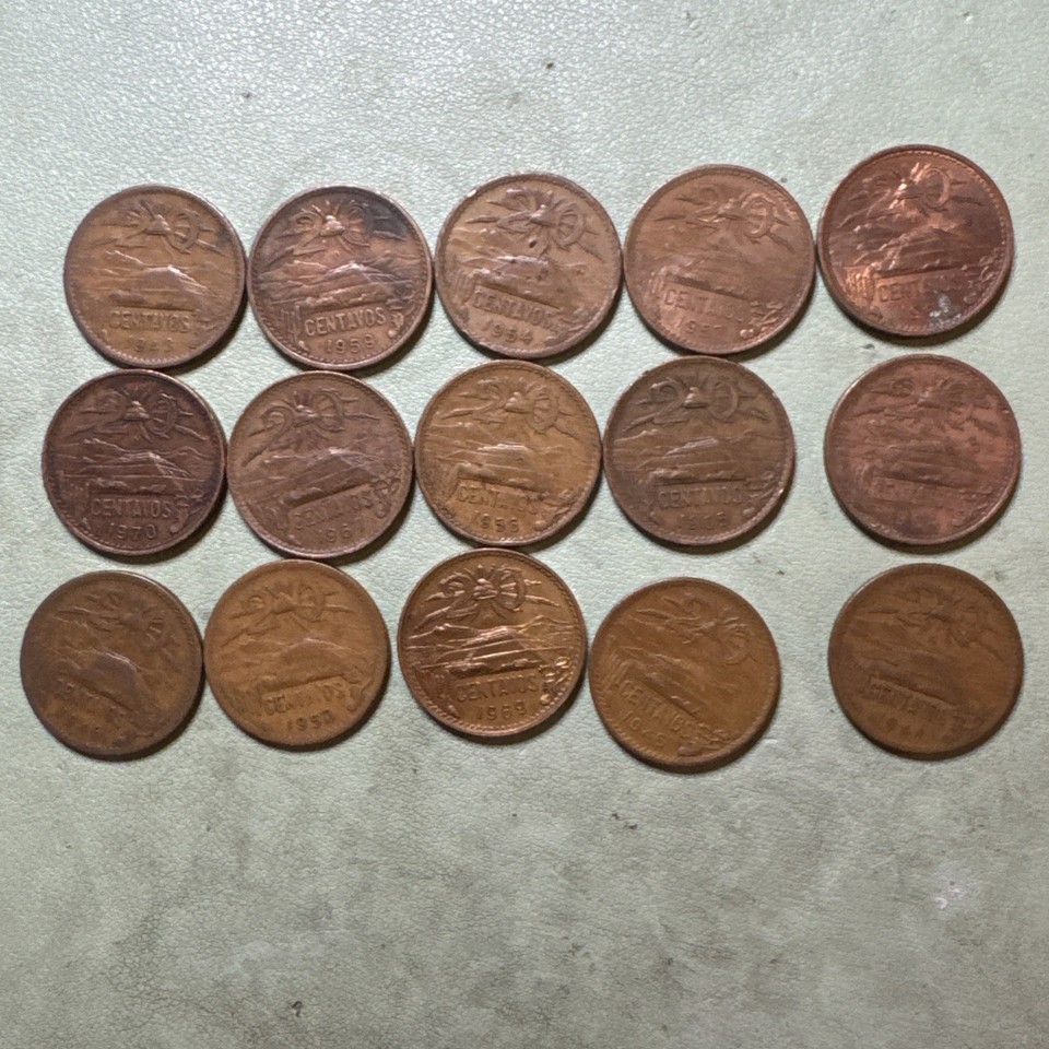 Lot of (15) Mexican Coins - 20 Centavos Circulated Bronze Aztec Culture ...