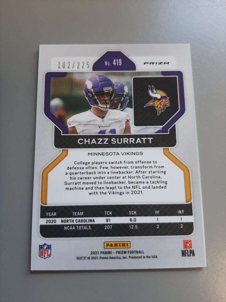 CHAZZ SURRATT 2021 PANINI PRIZM #419 RC PURPLE LAZER SSP #'D /225 ...