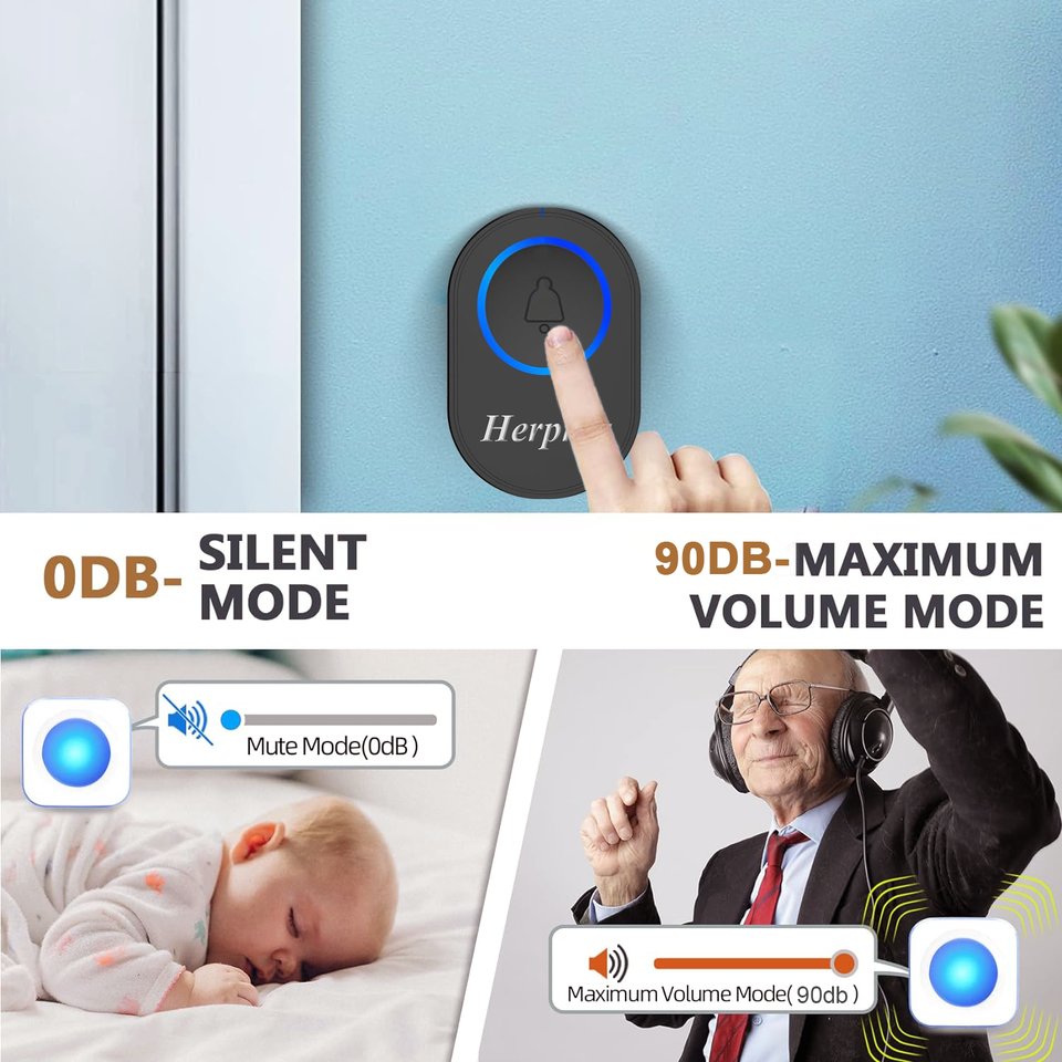 Wireless Doorbell Plug-In LED Light Waterproof Long Range Receiver Door ...