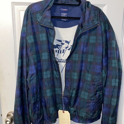 VTG Catalina Mens L X-Large Blue Green Plaid Windbreaker Jacket Full ...