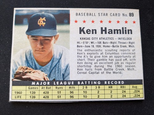 1961 Post Cereal Baseball Card # 89 Ken Hamlin - Kansas City Athletics ...