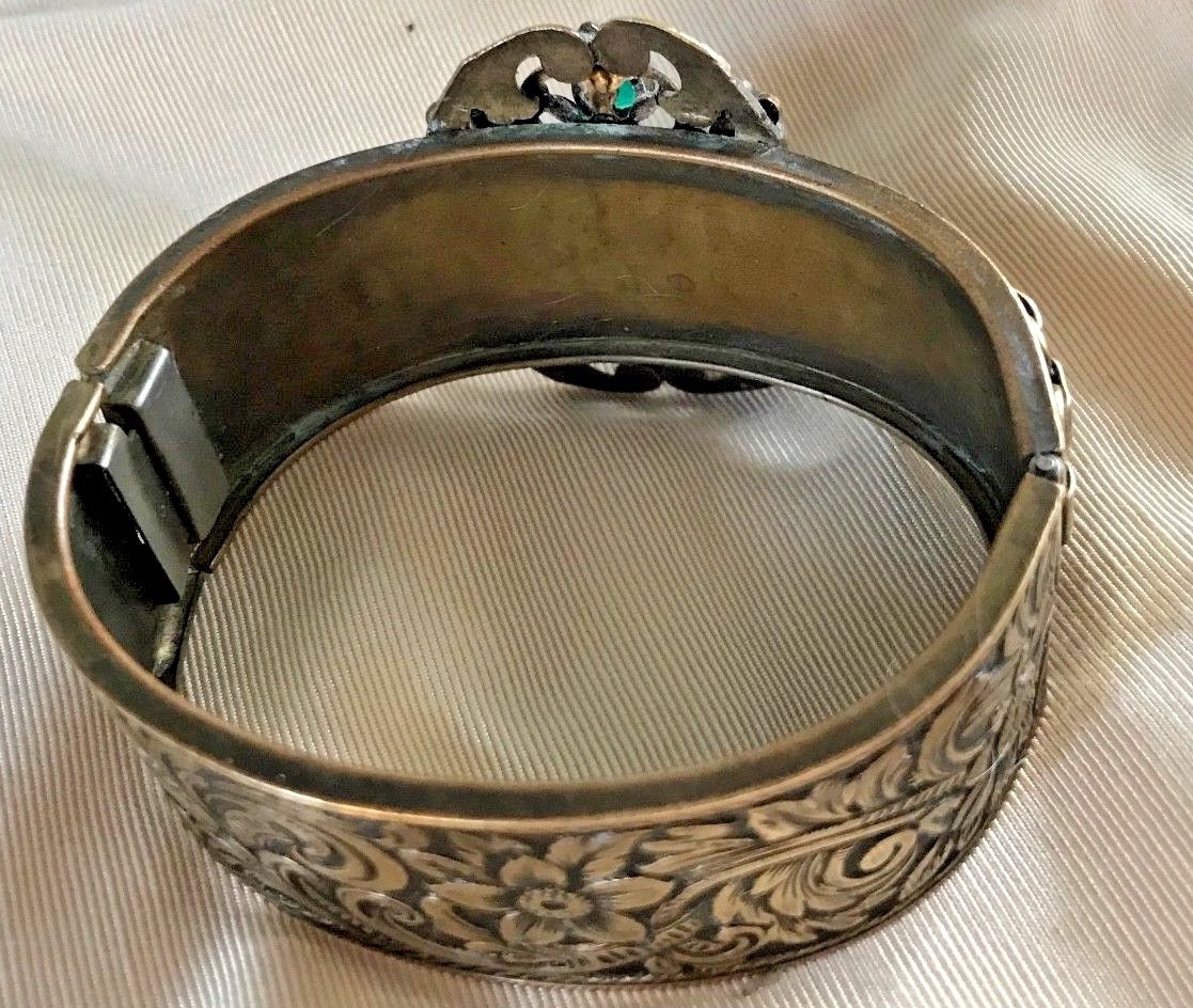 Antique Bracelet Embossed Metal Green Glass Stones H… - Gem