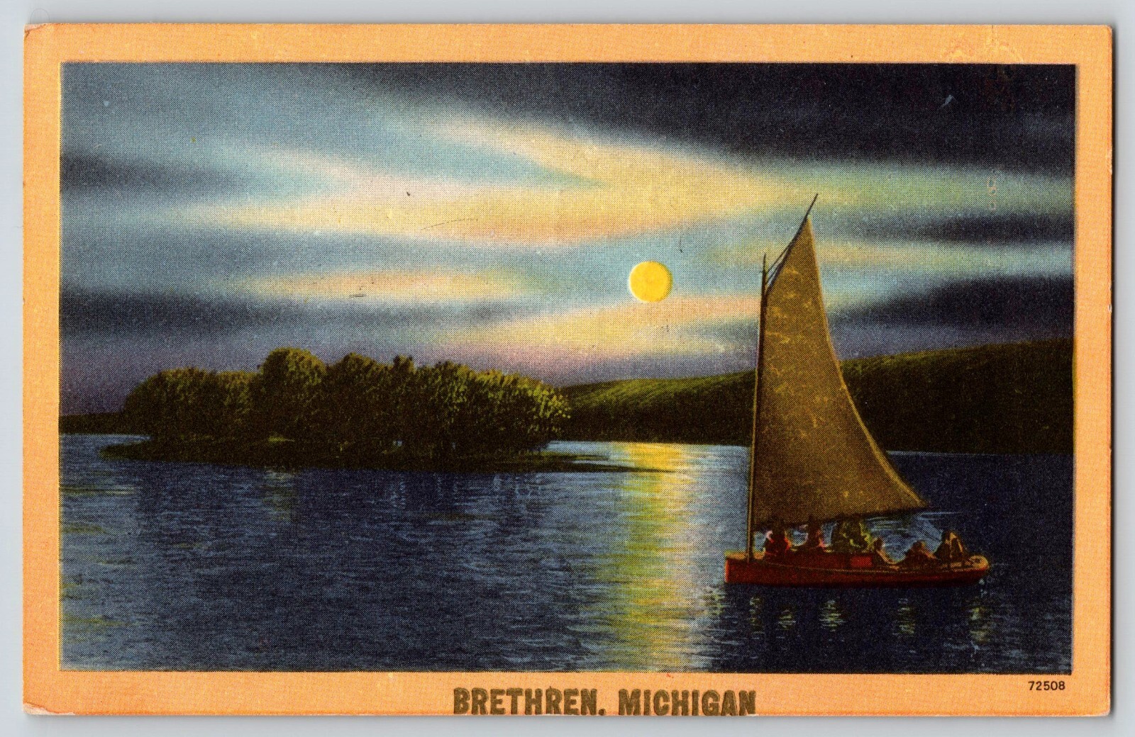 Postcard Greetings from Brethren Michigan - Night View w Sailboat | eBay