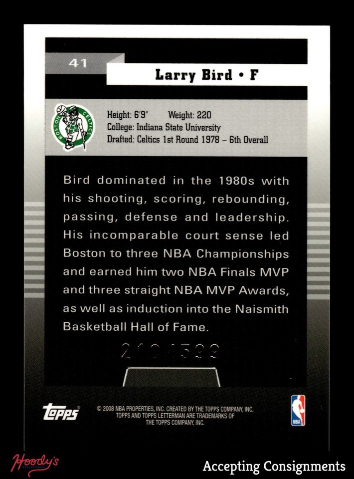 2007-08 Topps Letterman #41 Larry Bird 210/599 CELTICS | eBay