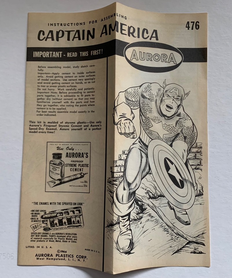 VINTAGE 1966 AURORA UNBUILT CAPTAIN AMERICA MODEL KIT W/INSTRUCTIONS ...