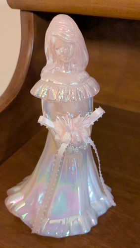 Vtg Fenton Pink Iridescent Flower Girl with Bouquet Bridesmaid Figurine ...