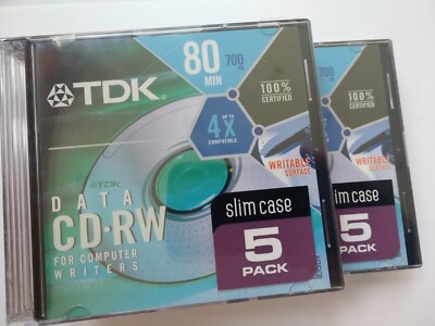 TDK CD-RW 5-Pack Rewritable Data CDs 1x-4x 700MB 80 min Blank Sealed ...