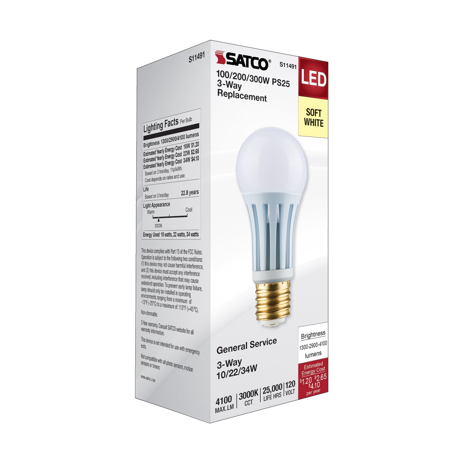 LED 3-Way Bulb: 10-22-34W = 100-200-300W PS25 Mogul E39d 2700K 3000K ...