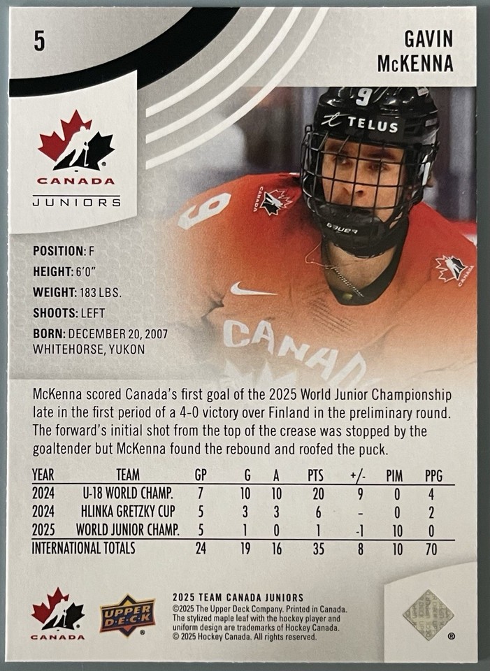 Gavin McKenna Rookie 2025 Upper Deck Team Canada Juniors #5 RC top 2026 ...