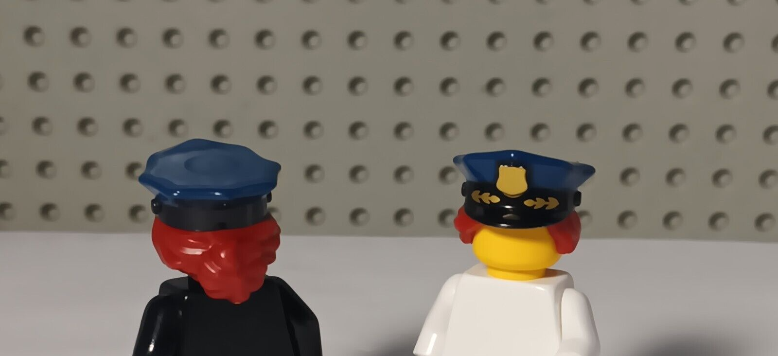 LEGO Hat Hair COMBO Police Cap Printed Badge RED Messy Bun Attached ...