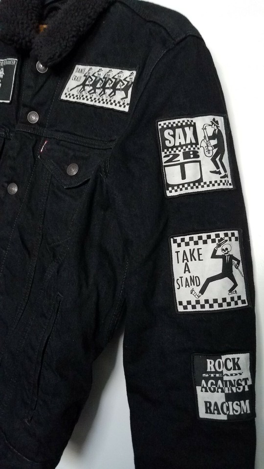 LEVIS Premium Big E Sherpa Trucker Rare Patch Battle Jacket Denim Black ...