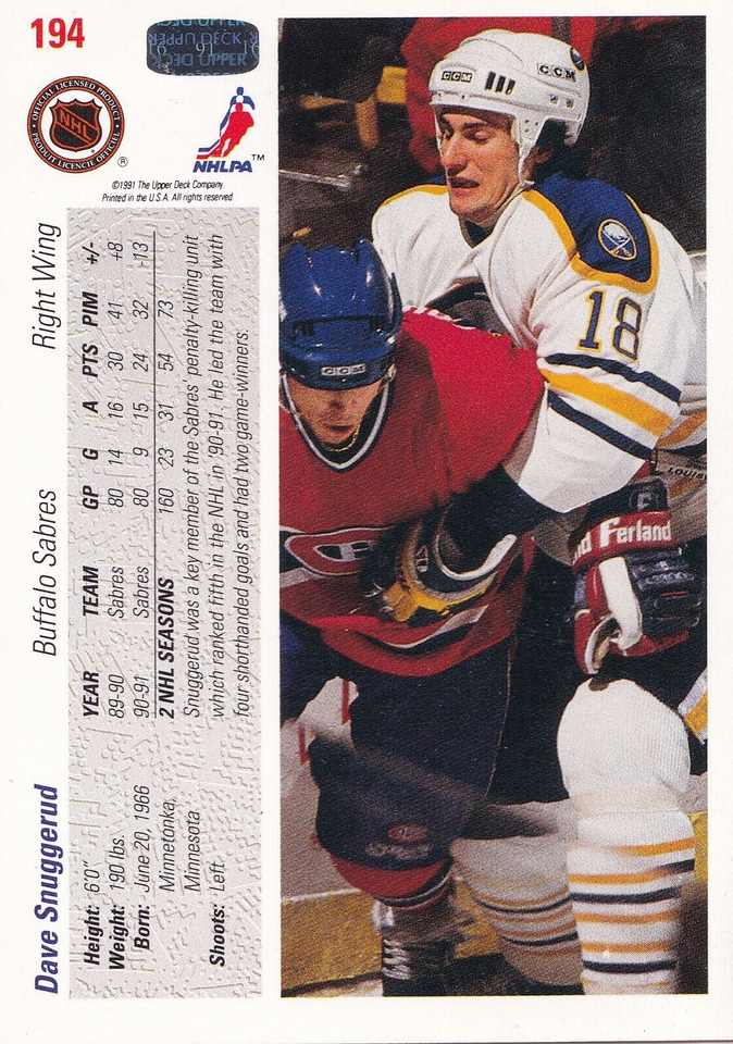 1991-92 Upper Deck #194 Dave Snuggerud- Buffalo + (Yes 4 Free Mystery ...