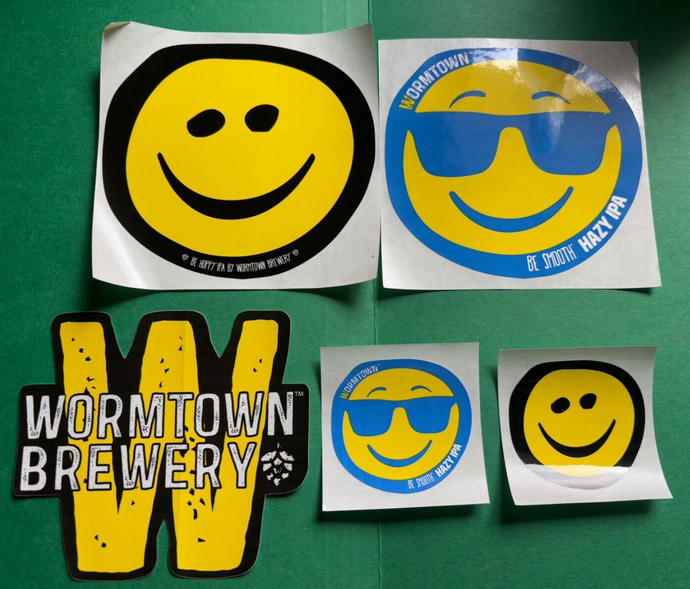 5 NEW WORMTOWN BREWING CO. WORCESTER MASSACHUSETTS BEER STICKERS SMILEY ...