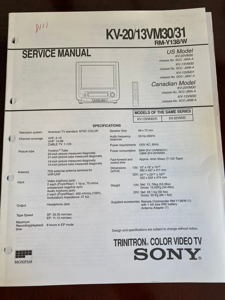SONY KV-20VM30 KV-20VM31 KV-13VM30 KV-13VM31 Service Manual FROM USA ...