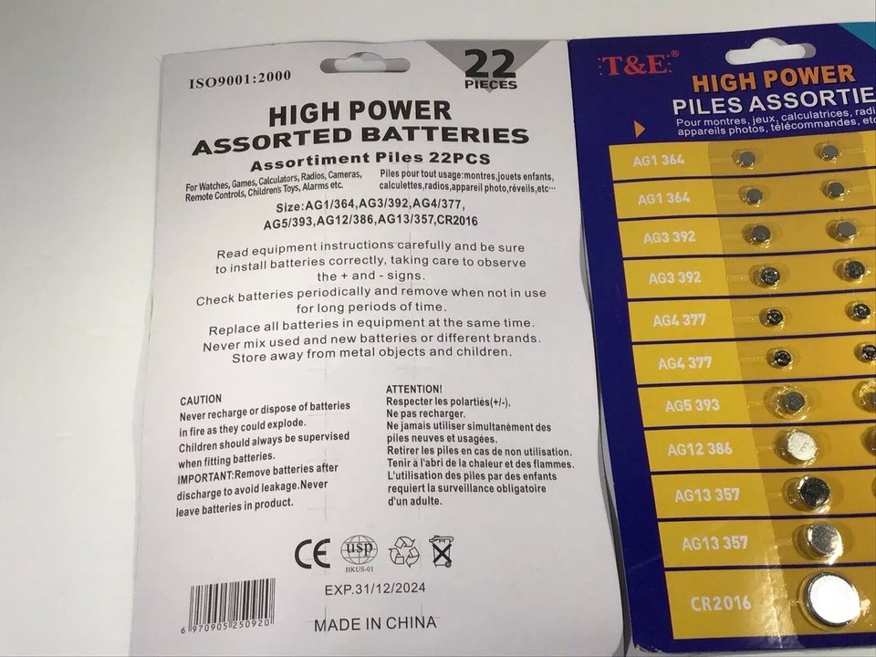 Battery VALUE Pack Assorted 44 Button Cell Batteries 2 Cards Free ...