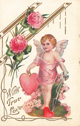 With True Love Embossed Foil Postcard Valentines Hearts Cupid Flowers ...