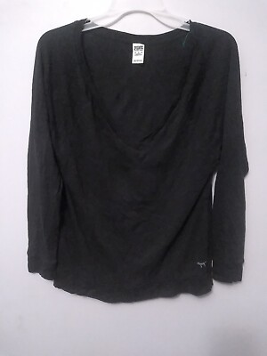 Victoria's Secret Pink Low Cut Top XS Black Long Sleeve Gray Dog Logo ...
