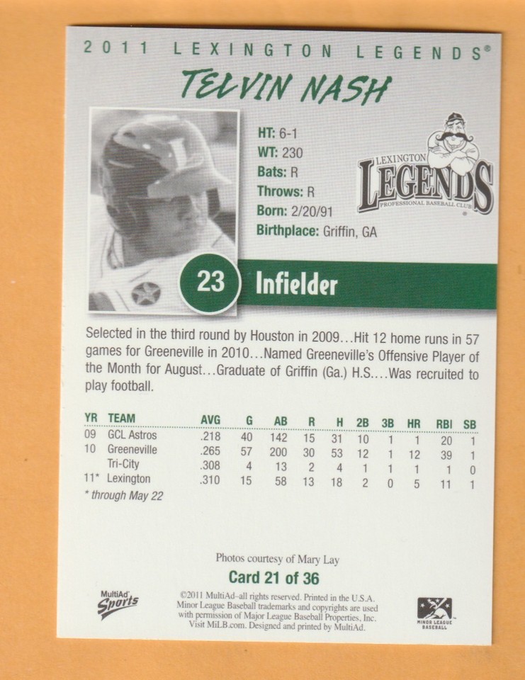 Telvin Nash Lexington Legends 2011 Multi-Ad #21 Griffin Georgia | eBay
