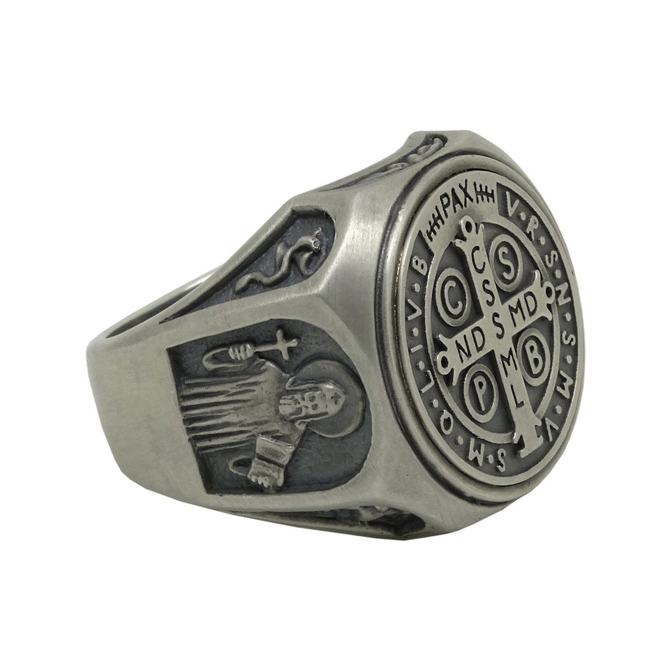 Saint Benedict Medal Sterling Silver Catholic Men's Ring Handcrafted ...