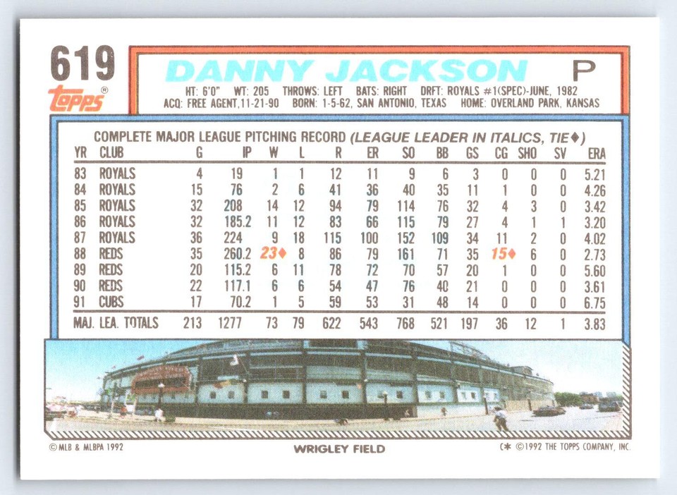 1992 Topps #619 Danny Jackson Chicago Cubs BASEBALL Card | eBay