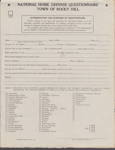 National Home Defense Questionnaire Town of Rocky Hill CT 1940s | eBay