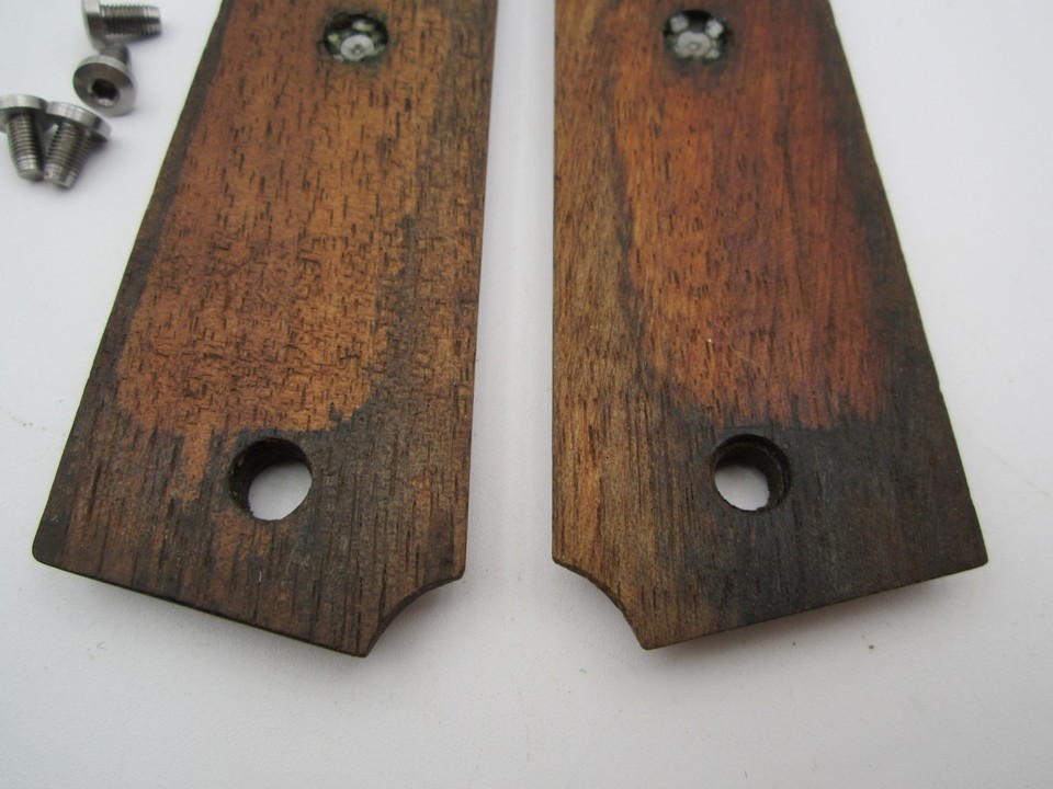 VINTAGE USED GUN PISTOL GRIPS COLT 1911 45 SILVER MEDALLION WOOD GRIPS ...