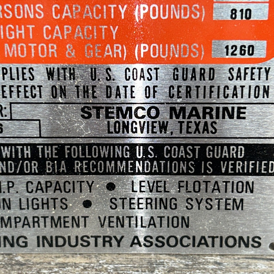 Vintage U.S. Coast Guard Capacity Plate Stemco Marine Longview Tx # D-16 | eBay