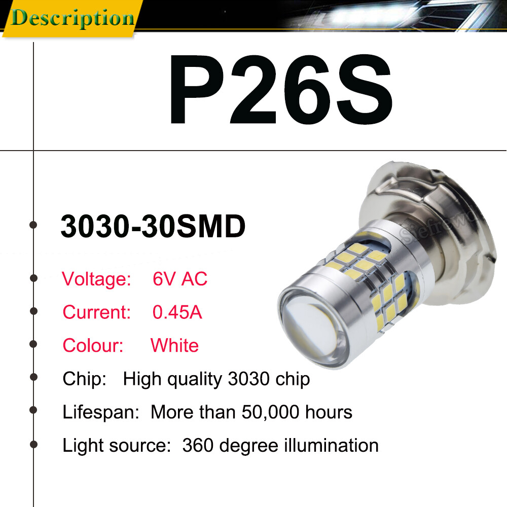 1Pcs 6V P26S White 3030 30SMD LED Light Bulb For Motorbike Headlamp ...