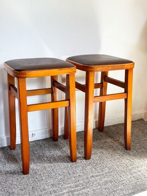 Mid Century Retro Vintage Stools Pair Wood Vinyl Brown | eBay UK