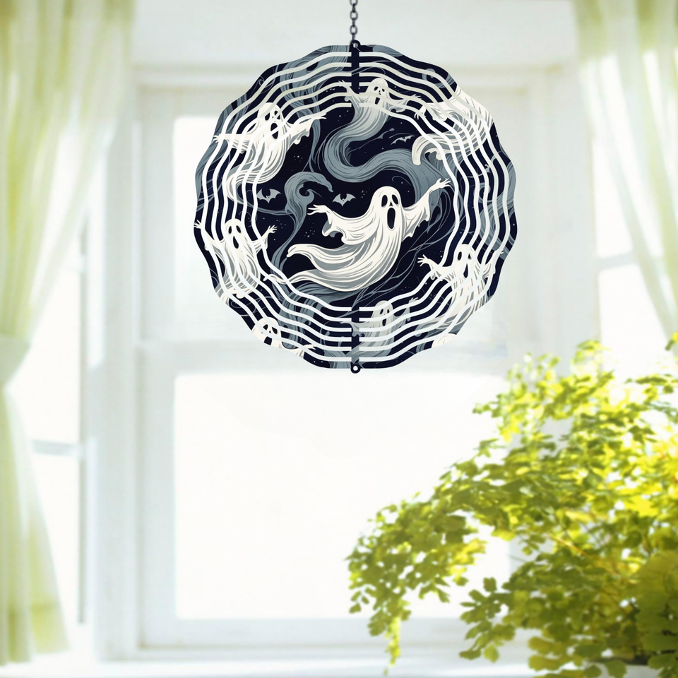 Haunted Spooky Ghost Swirl Bats 10" Metal Wind Spinner Black & White ...