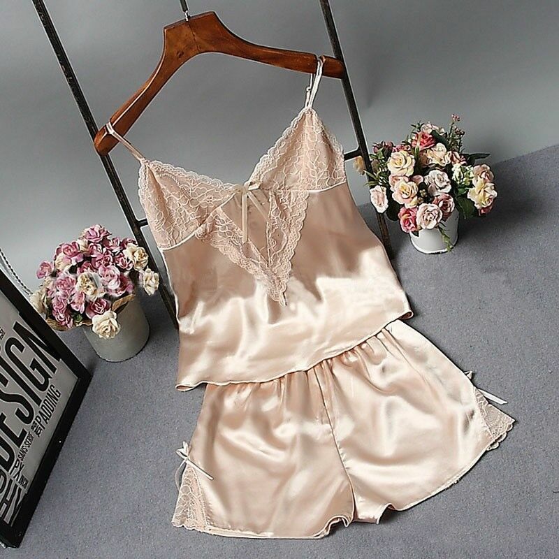 Lady Satin Lace Splice Pyjama Set Vest Camisole Top Shorts Lingerie ...