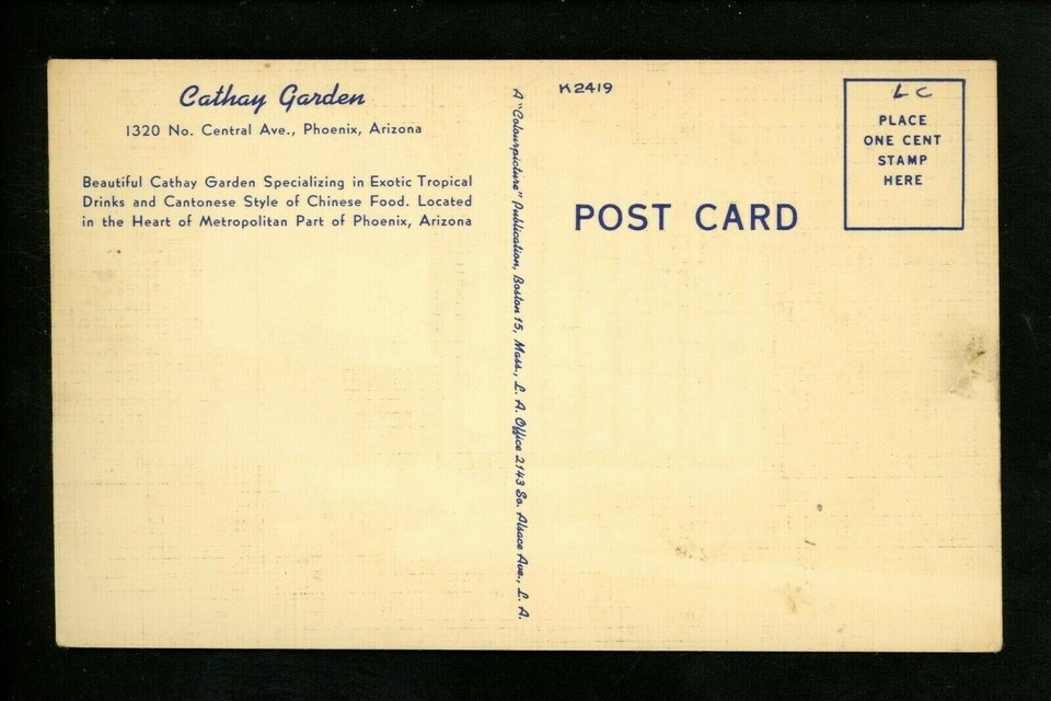 Arizona AZ postcard Phoenix Cathay Garden Chinese Restaurant linen ...