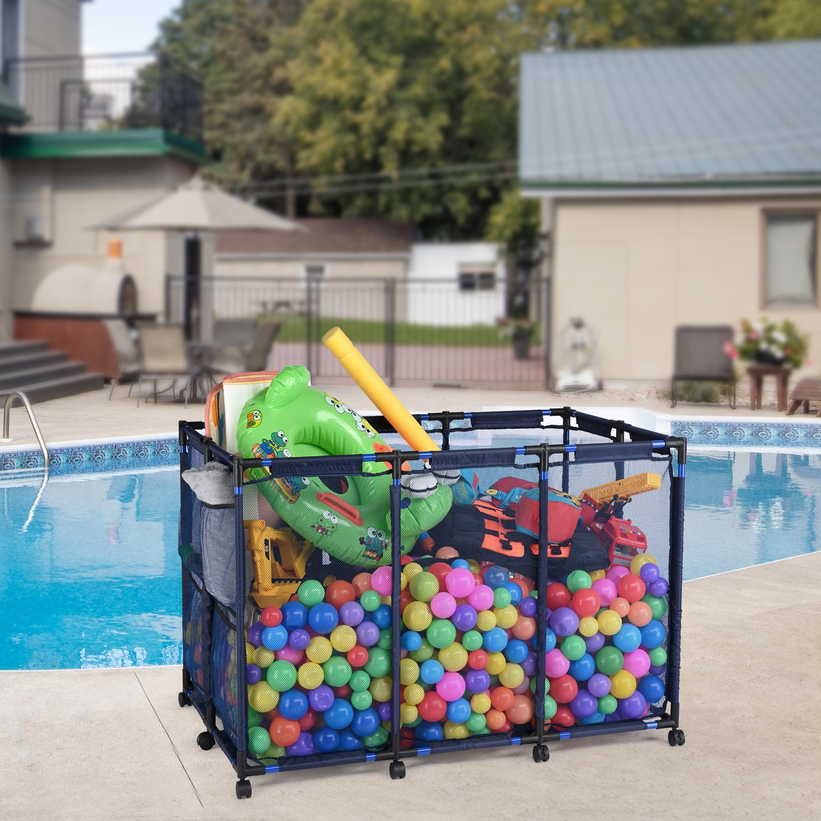 48"x30"x34" Mesh Pool Storage Bin Rolling Cart Swim Toys Organizer ...
