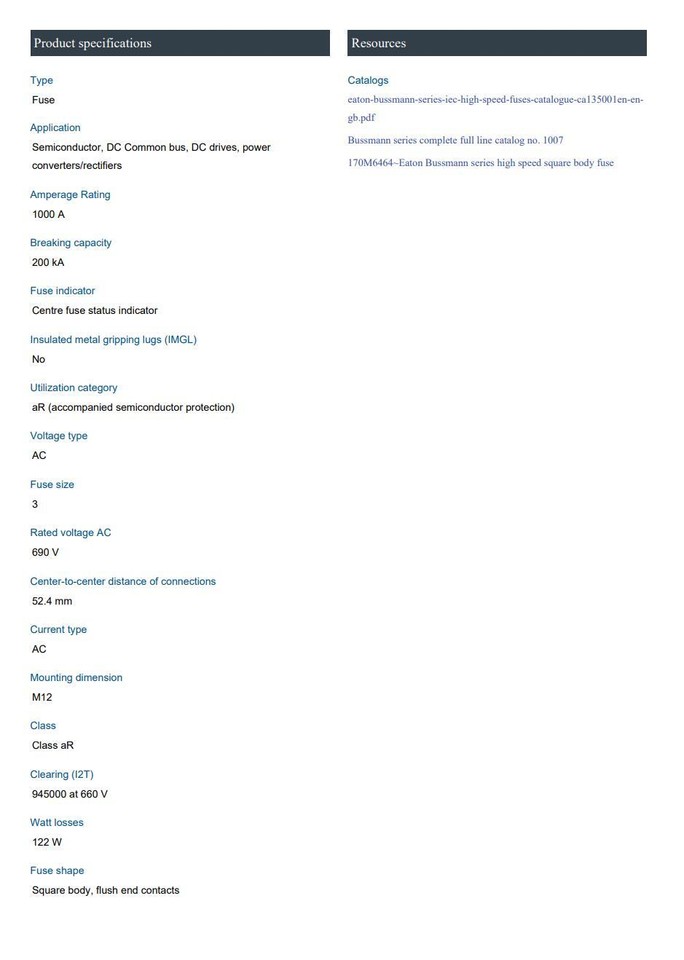 Bussmann 170M6464 High Speed Square Body Fuse ,1000A , 690V | eBay