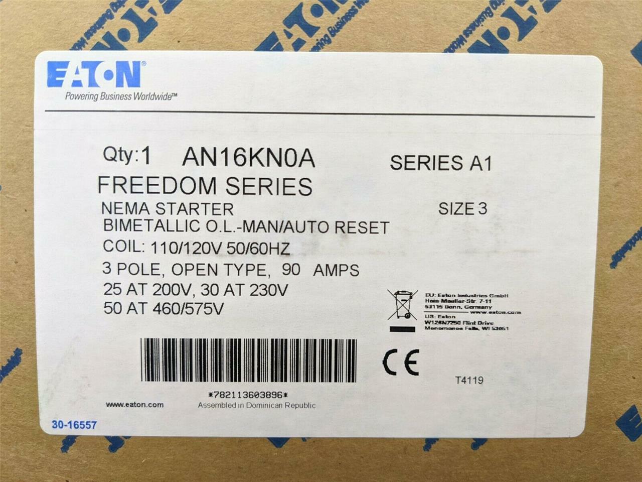 Eaton AN16KN0A NEMA OPEN 3P STR NEMA SIZE 3 120V COIL 782113603896| eBay
