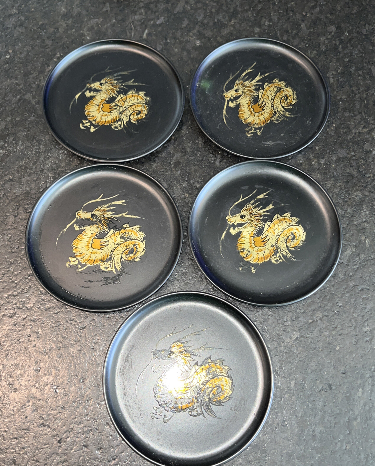 Vintage 'Dragon' OTAGIRI Japan Black Lacquerware Coasters Set 5 ...