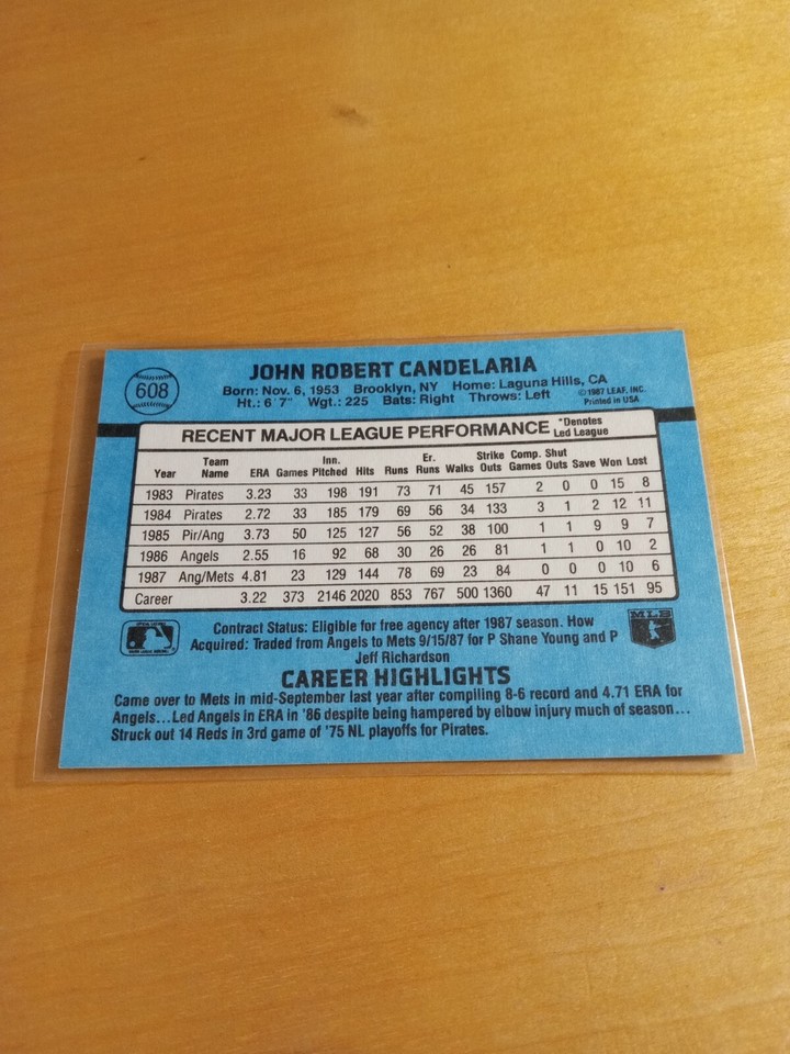 1988 DONRUSS #608 JOHN CANDELARIA New York Mets Baseball Card, Pitcher, SP. (NM) | eBay