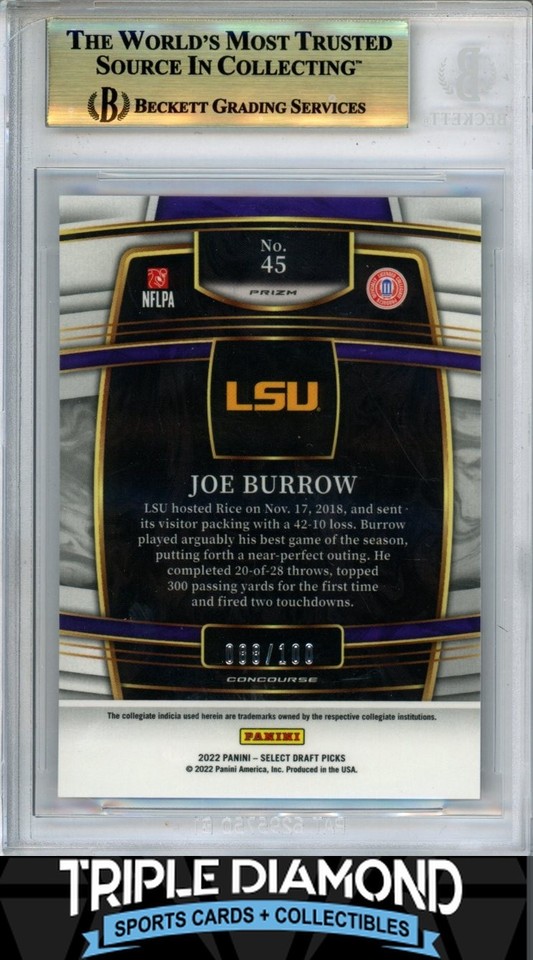 2022 Select Draft Picks Joe Burrow Gren & Purple Squares #088/100 BGS 9 ...
