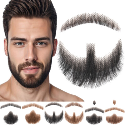 100% Human Hair Mens Fake Beards Realistic Facial Hair Full Lace False ...
