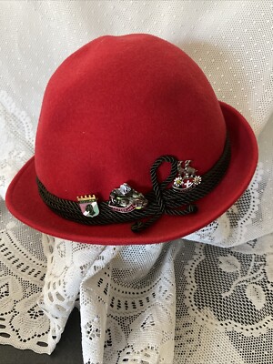 VINTAGE SPYCHER GRINDELWALD SWITZERLAND RED WOOL HAT 3 PINS SQUIRE ...