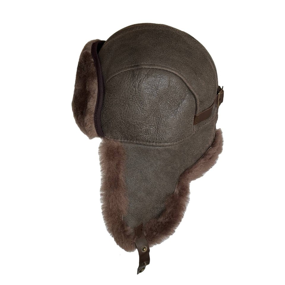 Unisex Genuine Shearling Sheepskin Leather Trapper Hat - Winter Aviator ...