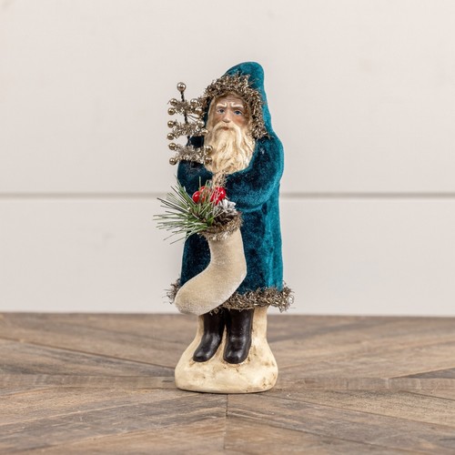 Belsnickle Santa Figurine w/stocking, Dark Blue velvet coat, 8" Ragon ...