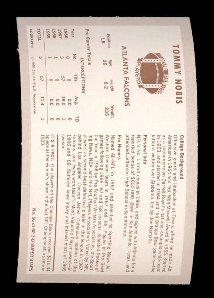 1970 Kellogg's Set-Break # 56 Tommy Nobis NM-MT OR BETTER *GMCARDS* | eBay